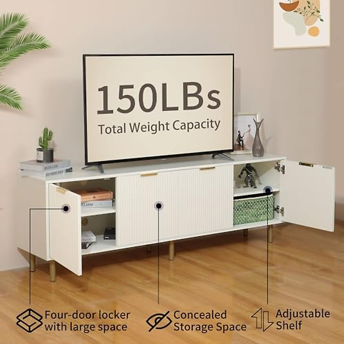 Furniwood TV Stand for 80 Inch TV, Entertainment Center TV Stand with 4 Large Drawers, Mid Century Modern TV Stand for Living Room, Media TV Console Table with Storage for Bedroom, Warm White