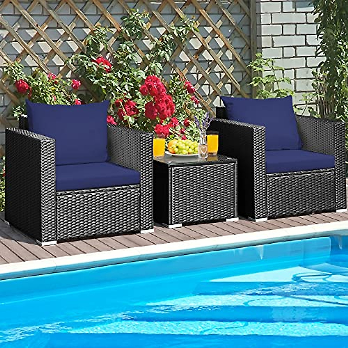 HAPPYGRILL 3-Piece Patio Furniture Set Rattan Wicker Patio Conversation Set with Coffee Table and Cushions Outdoor Sofa Set for Garden Balcony Porch Poolside