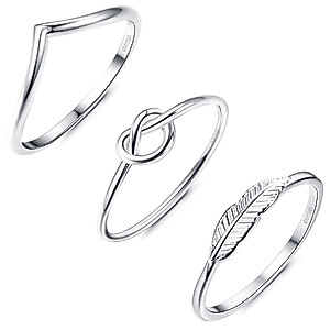 MILACOLATO 925 Sterling Silver Rings Set for Women | 18K White Gold Plated Wishbone Love Knot Feather Stackable Rings | Tarnish Resistant Stacking Thumb Rings Comfort Fit Size 8