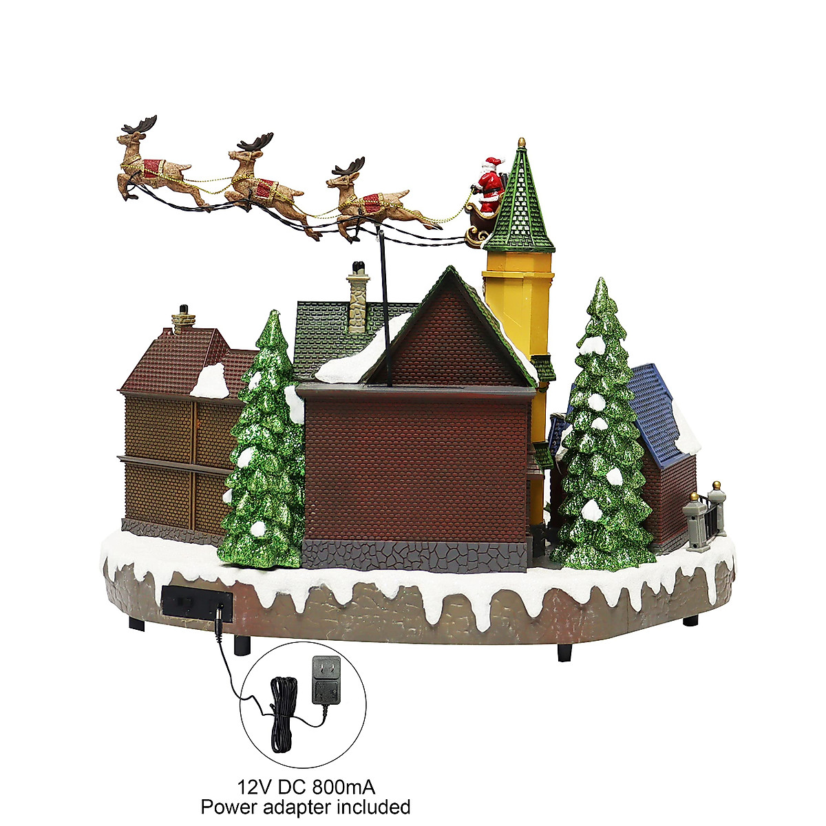 Christmas Village Centerpiece Decor, Santa Riding Sleigh Flying Over The Town Center, with Christmas Tree, featuring LED Lights, Christmas Music, and Animation - Power Adapter (included)