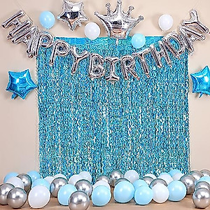 4 Pack Teal Aqua Blue Wavy Foil Fringe Curtains Party Decorations - 3.3 ft x 6.6 ft Sparkle Streamer Tinsel Curtain Party Photo Backdrops for Birthday Party Christmas Graduation Decoration