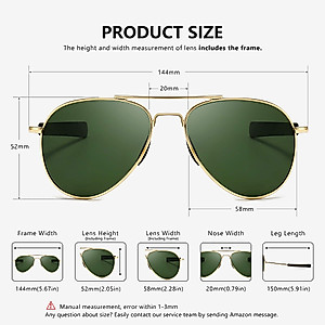 SUNGAIT Aviator Sunglasses for Men Polarized Military Style 100% UV400 Protection Pilot Bayonet Temples (Gold Frame/Green Lens, 58) SGT288JML