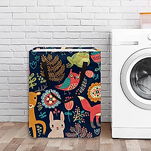 Forest Animals Owl Hedgehog Deer Fox Rabbit Print Collapsible Laundry Hamper, 60L Waterproof Laundry Baskets Washing Bin Clothes Toys Storage for Dorm Bathroom Bedroom
