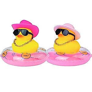 MuMyer Car Rubber Duck 2Pcs Duck Car Dashboard Decorations Yellow Duck Car Ornaments for Car Dashboard Decoration Accessories with Mini Swim Ring Sun Hat Necklace and Sunglasses