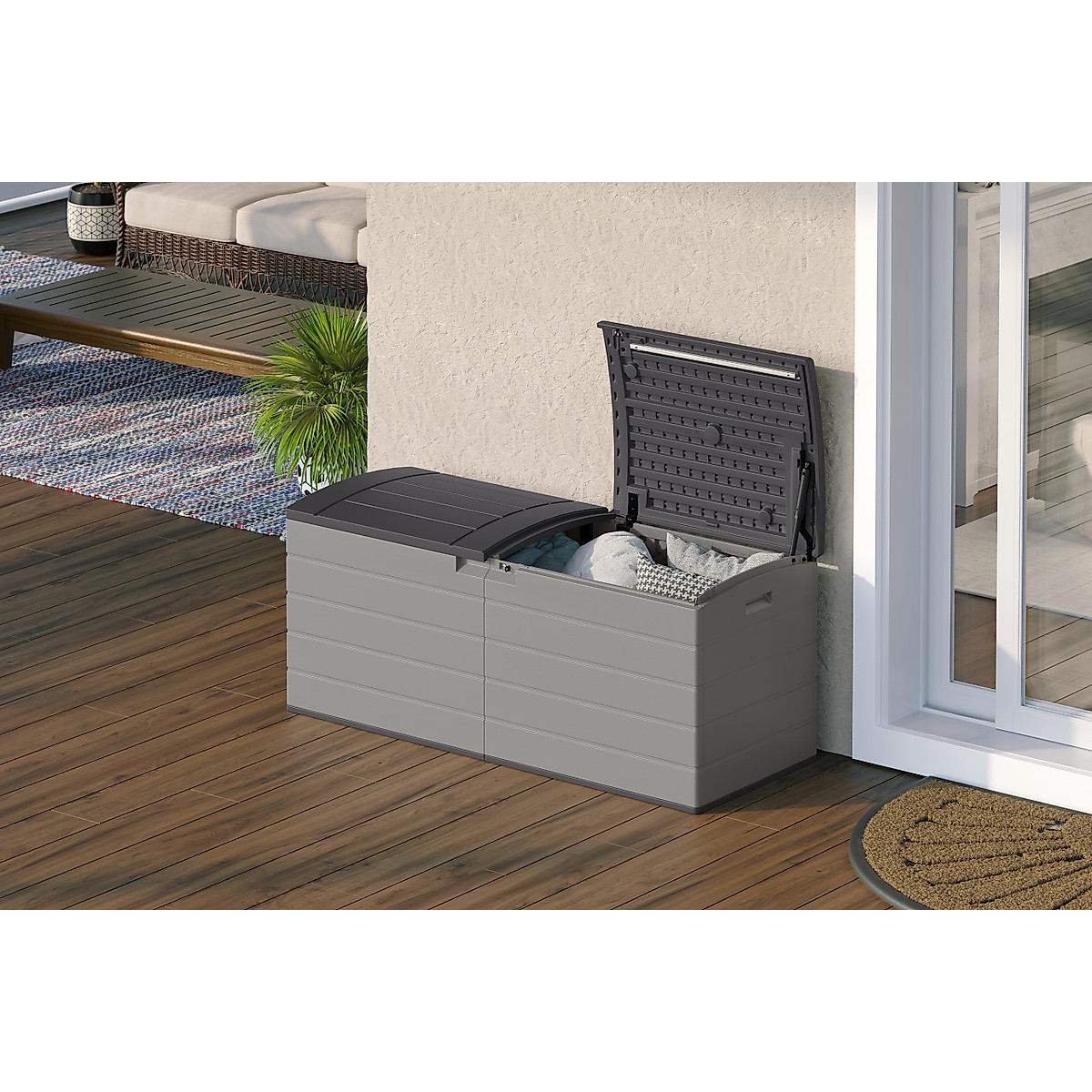 Suncast 120-Gal. All-Weather Patio Deck Box with Pad-Lockable Split Top Lid, Extra-Large Outdoor Storage Unit for Patio Furniture and Grill Tools