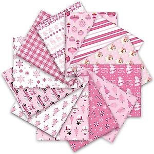 JarThenaAMCS 12Pcs Pink Christmas Cotton Fabric Bundles 18 x 22 Inch Xmas Tree Santa Snowflake Fat Quarters Pink White Sewing Fabrics for Xmas Winter DIY Craft Party Decor