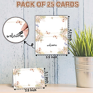 Butterfly Table Place Cards - 25PCS Tent Cards - Boho Floral Butterfly Themed Food Lables - Name Place Cards for Table Setting - Name Cards for Birthday Party Baby Shower - Scored for Easy Folding -05