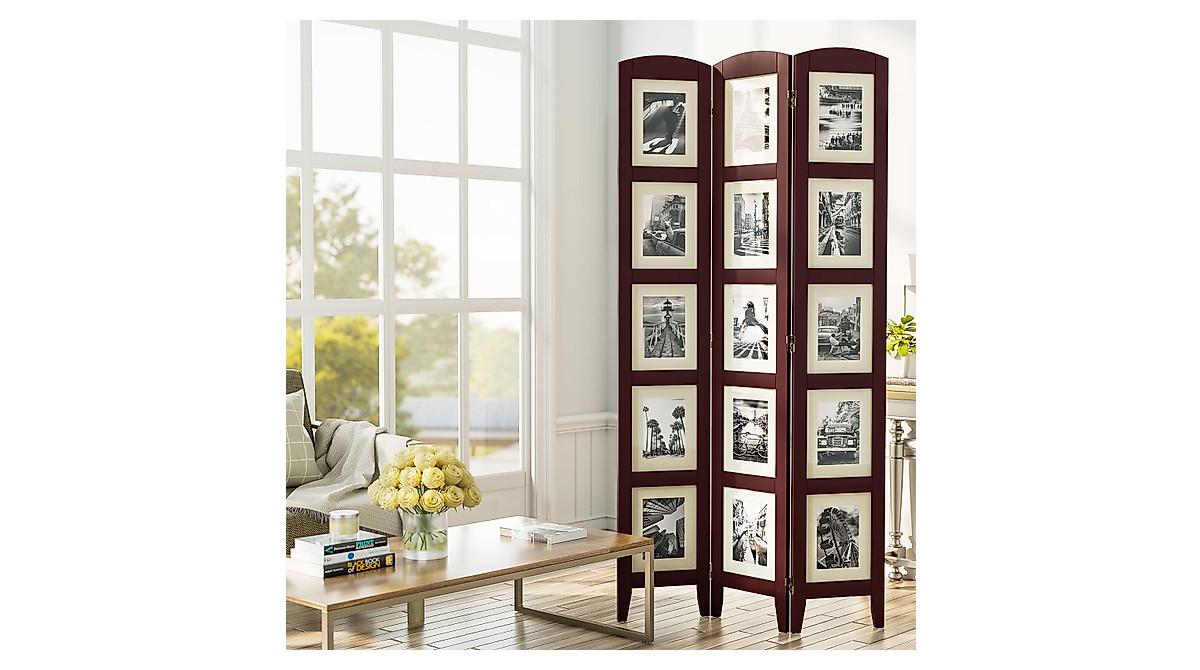 SZQINJI Walnut 3-Panel Photo Room Divider for Personal Art Display