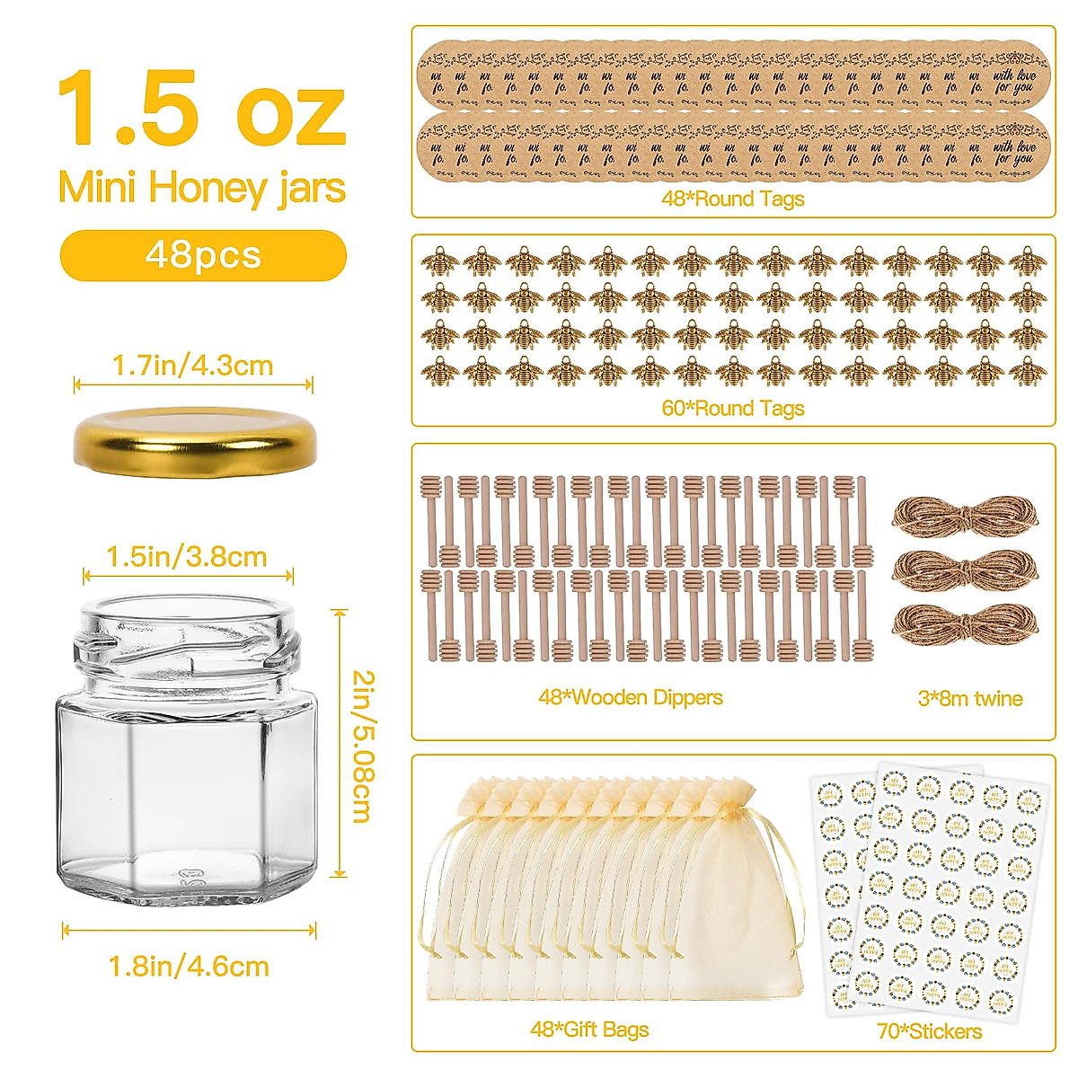 SZUAH 48 Pack 1.5 oz Mini Honey Jars with Dipper, Glass Hexagon Honey Jar for Wedding Favors, Empty Glass Jars for Party Favor