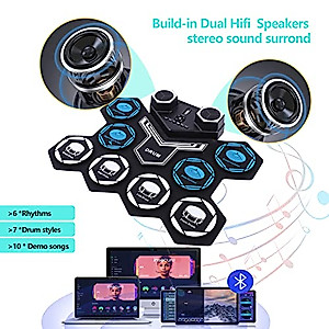 Electronic Drum Set for Adults, Gimigo Electronic Drum Pad with Multicolor LED Digital Display Hand Roll-Up Drum Kit 9 Silicon Durm Pad Built-In Stereo Speaker Bluetooth, MIDI for Kids Beginners