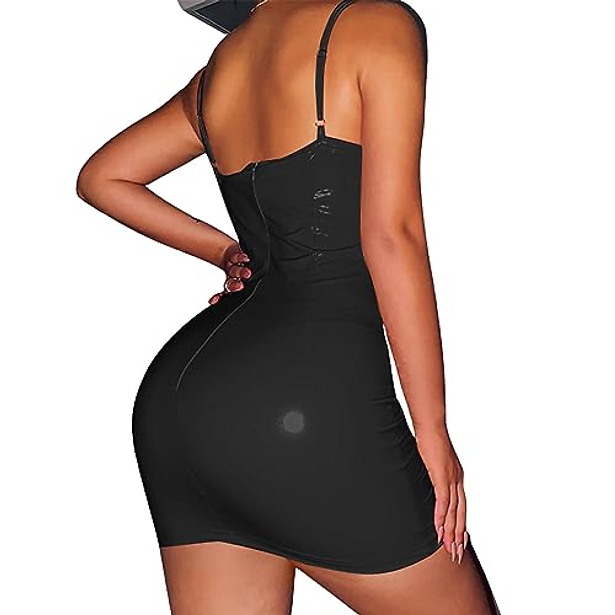 Aeefnuie Women Latex Mini Dress Sexy Faux Leather Slim Dress Spaghetti Straps Backless Club Party Wear Large