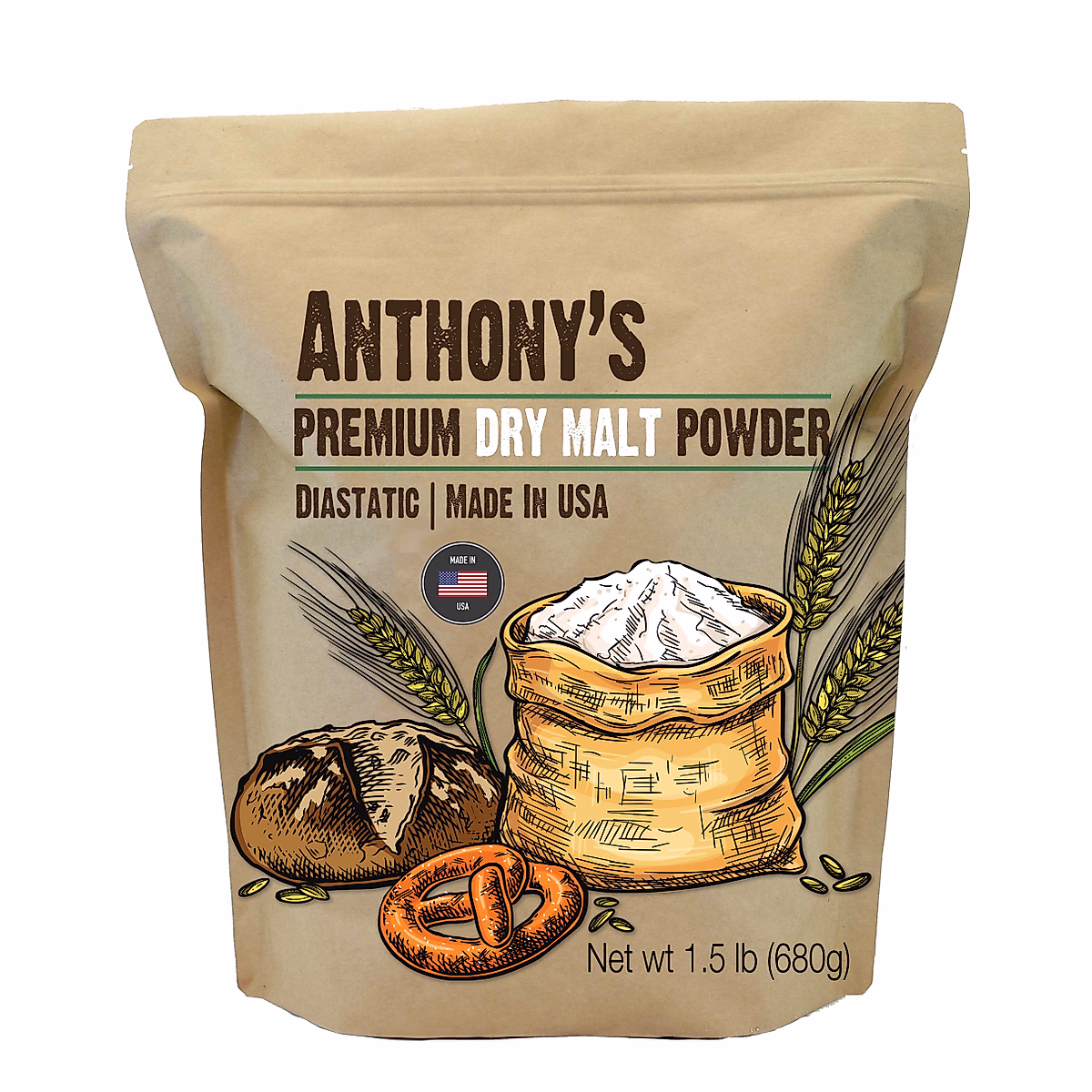 Anthony's Diastatic Dry Malt Powder, 1.5 lb, Made in the USA, Diastatic, Malted Barley Flour