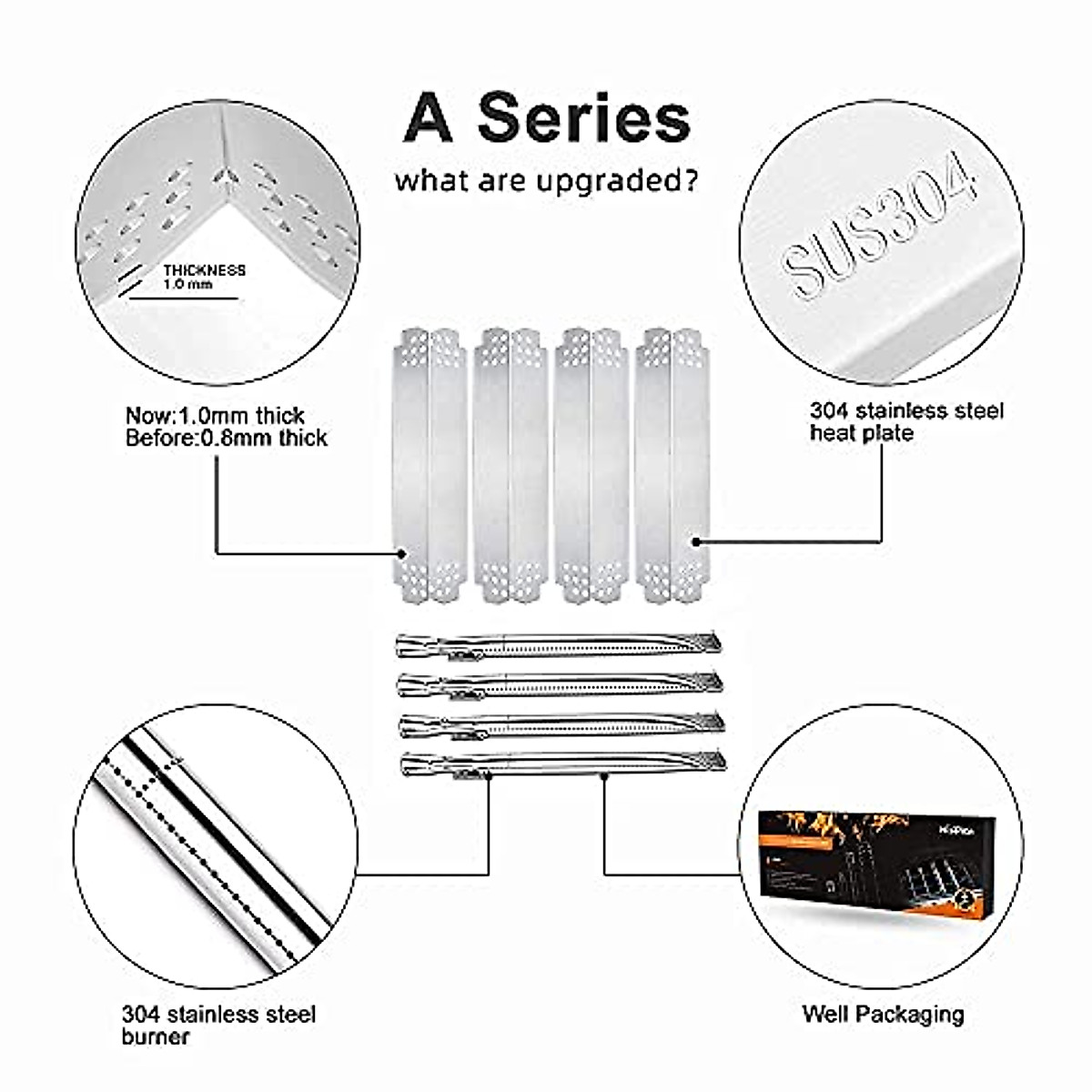 Hisencn 304 Stainless Steel Grill Parts for Home Depot Nexgrill 4 Burner 720-0830H 720-0783E, 5 Burner 720-0888N Grill Burner, Heat Plate, 17 inch Grill Cooking Griddle Replacement Kit