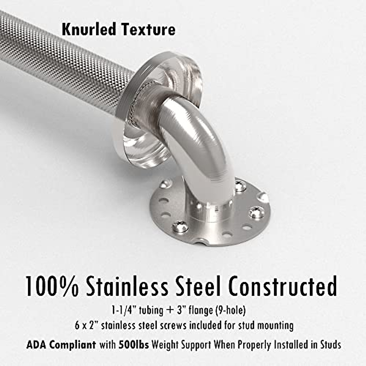 AquaChase 1-1/4 x 16inch Angled Grab Bar for Stud Mount with Knurled Grip, Bathroom Mobility Aid, ADA Compliant Heavy Duty 500lbs Support, Rustproof Stainless Steel (Brushed Nickel)