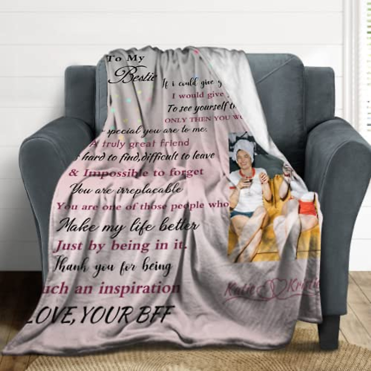 D-Story Personalized Photo Blanket for Sister Bestie: Custom Throw Blanket Bestie Friendship for Birthday Gifts, Best Friend Ever Purple Name BFF Blanket-Made in USA