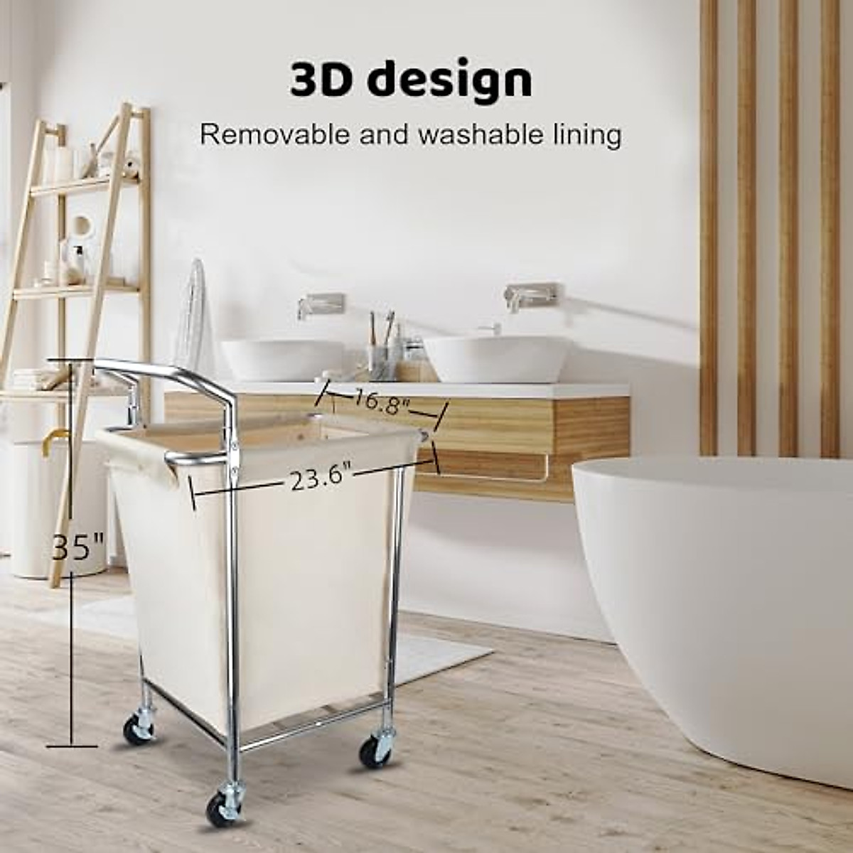 Renicbliss Laundry Cart with Wheels, Rolling Laundry Hamper with Wheels and Handle, Large Dirty Clothes Hamper for Laundry Heavy Duty, Beige