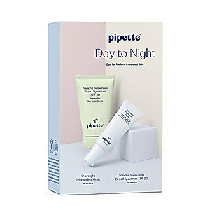 Pipette Day to Night Kit (SPF 50 mineral sunscreen + Overnight Brightening Mask) Duo for Radiant, Protected Skin