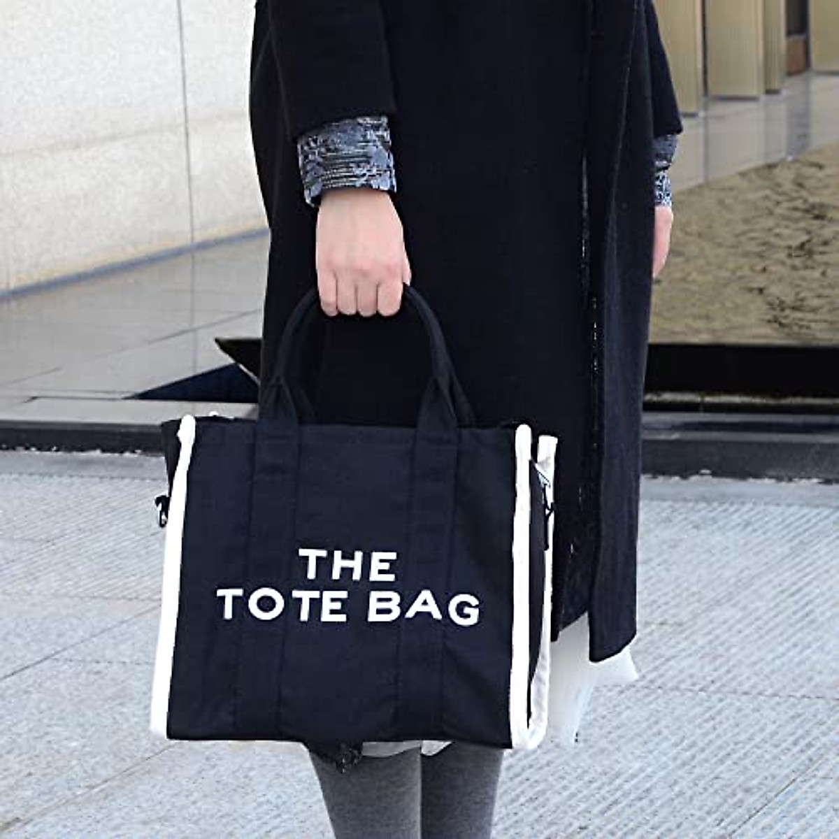 CEDDEOS Canvas Tote Bags for Women, Trendy Travel Denim Shoulder Crossbody Handbag, Casual Large Capacity Tote Purse Neverfull Bag with Zipper, Work for Office School Black