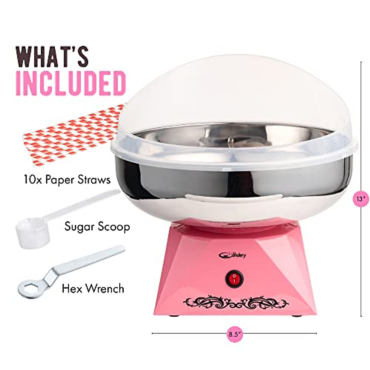 Cotton Candy Machine with Stainless Steel Bowl 2.0 - Cotton Candy Maker, 10 Cones & Sugar Scoop - Nostalgic Household Cotton Candy Machine for Kids, Birthday Party - Use with Floss Sugar, Hard Candy- By The Candery
