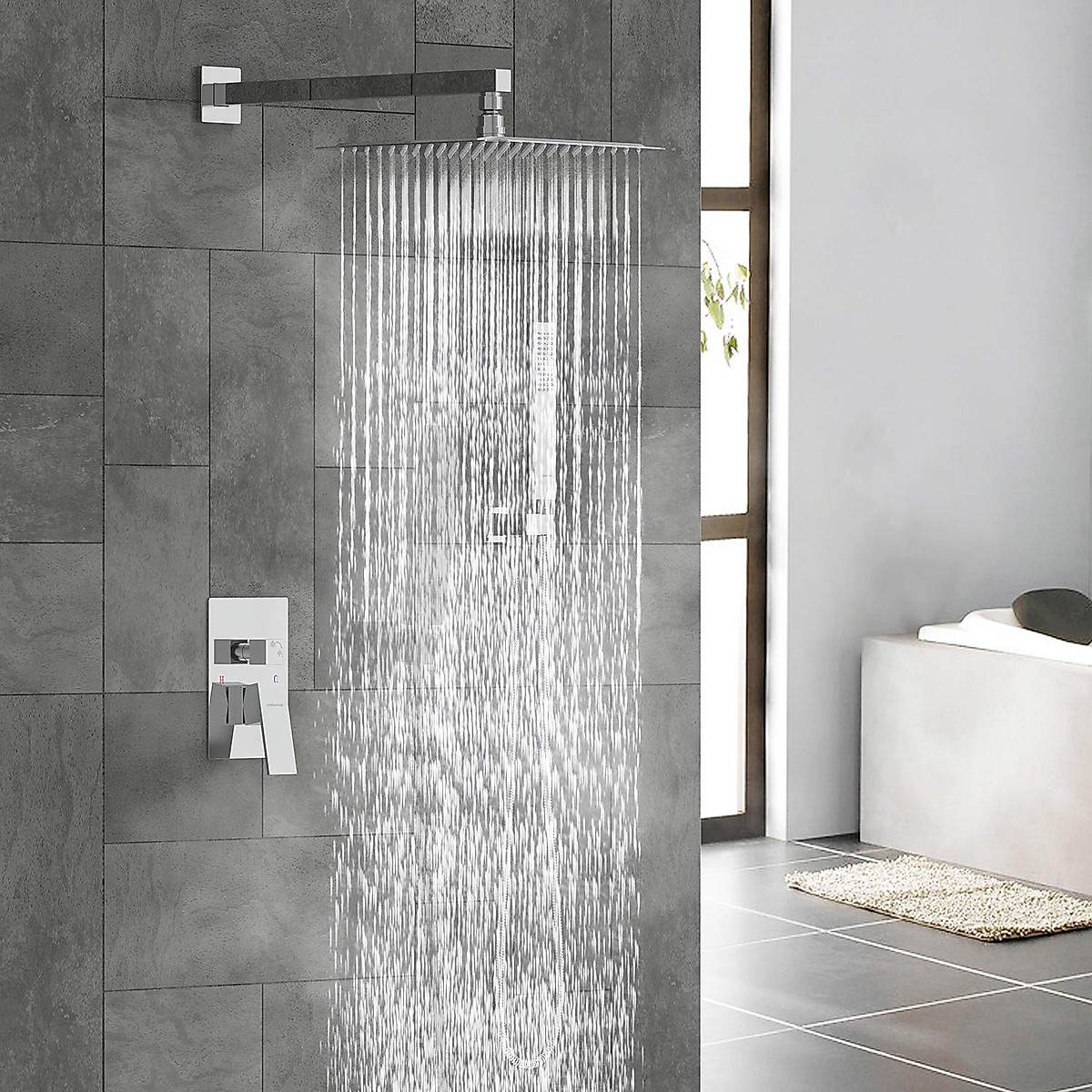 EMBATHER Shower System Chrome Shower Faucet Sets with 12" Rain Shower Head For Bathroom, Wall Mounted Square Shower Combo Set With Adjustable Handheld Bracket (Contain Rough-in Valve & Trim)
