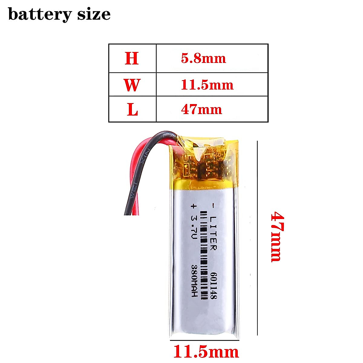 Liter 3.7V 380mAh 601148 Lipo Battery Rechargeable Lithium Polymer ion Battery Pack with Two Lines