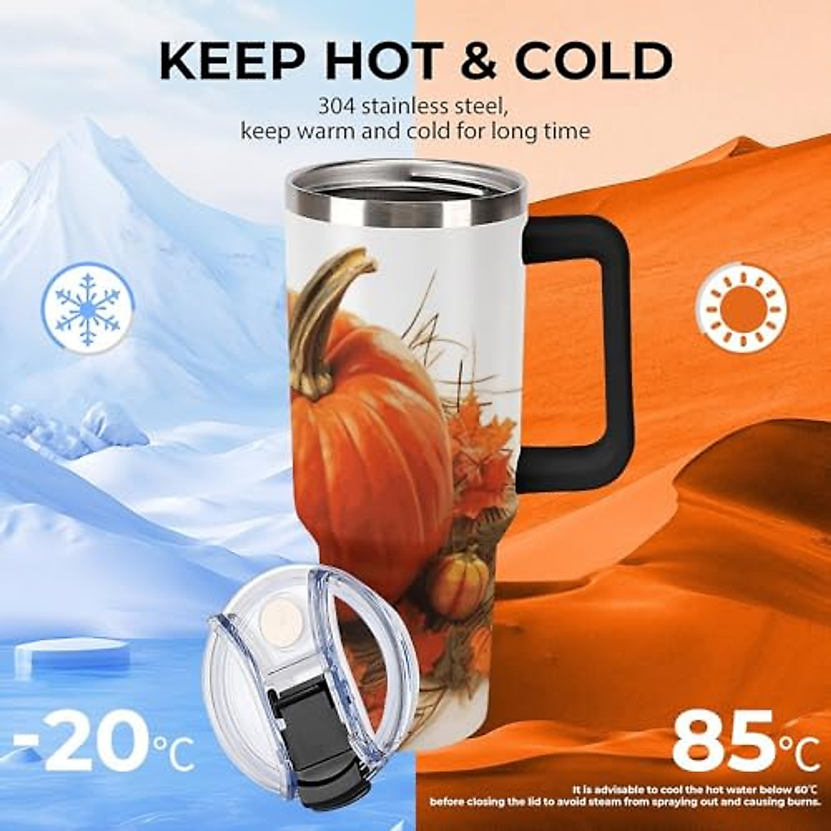 LLUTSNTH 40 Oz Vacuum Tumbler with Black Handle Leakproof Insulated Tumbler Fall Pumpkin Stainless Steel Travel Mug with Lid And Straw Coffee Cup Cute Water Bottles Cup Holder Friendly