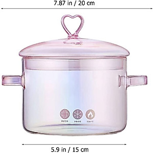 Glass Saucepan with Cover Clear Cooking Pot Stovetop Stew Pot with Lid Handmade Glass Casserole Double-Handle Cookware for Pasta Noodle Soup Milk Pink