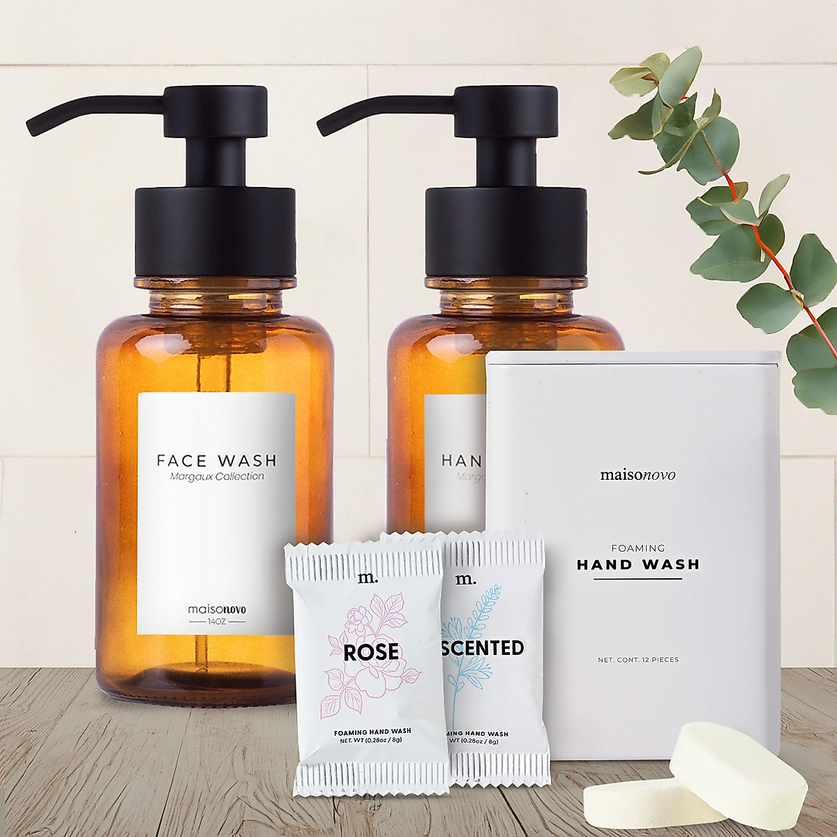 MAISONOVO Foaming Soap Dispenser - Hand Soap Refills for Foaming Dispenser - Amber Bottle 14 oz - 12 Mix Tablets