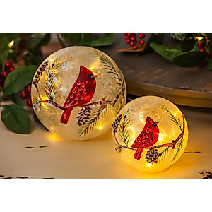 Cypress Home Beautiful Pine Cones and Cardinal Hand Painted Glass LED Globe Table Décor, Set of 2-7 x 7 x 7 Inches Indoor/Outdoor Decoration for Homes, Yards and Gardens