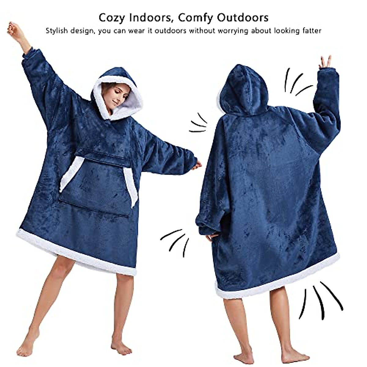 Ashago Wearable Blanket Hoodie for Adult Oversized Sherpa Blanket Sweatshirt Hoodie with Sleeves and Giant Pocket Gifts for Women Men（Blue）