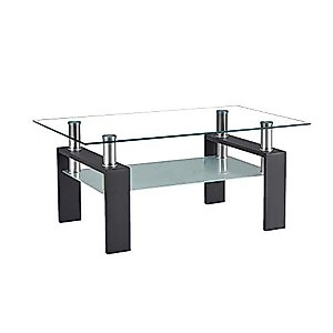 Rectangle Glass Coffee Table Metal Tube Legs End Table for Livingroom Tansole Black 39.4x23.7x17.7