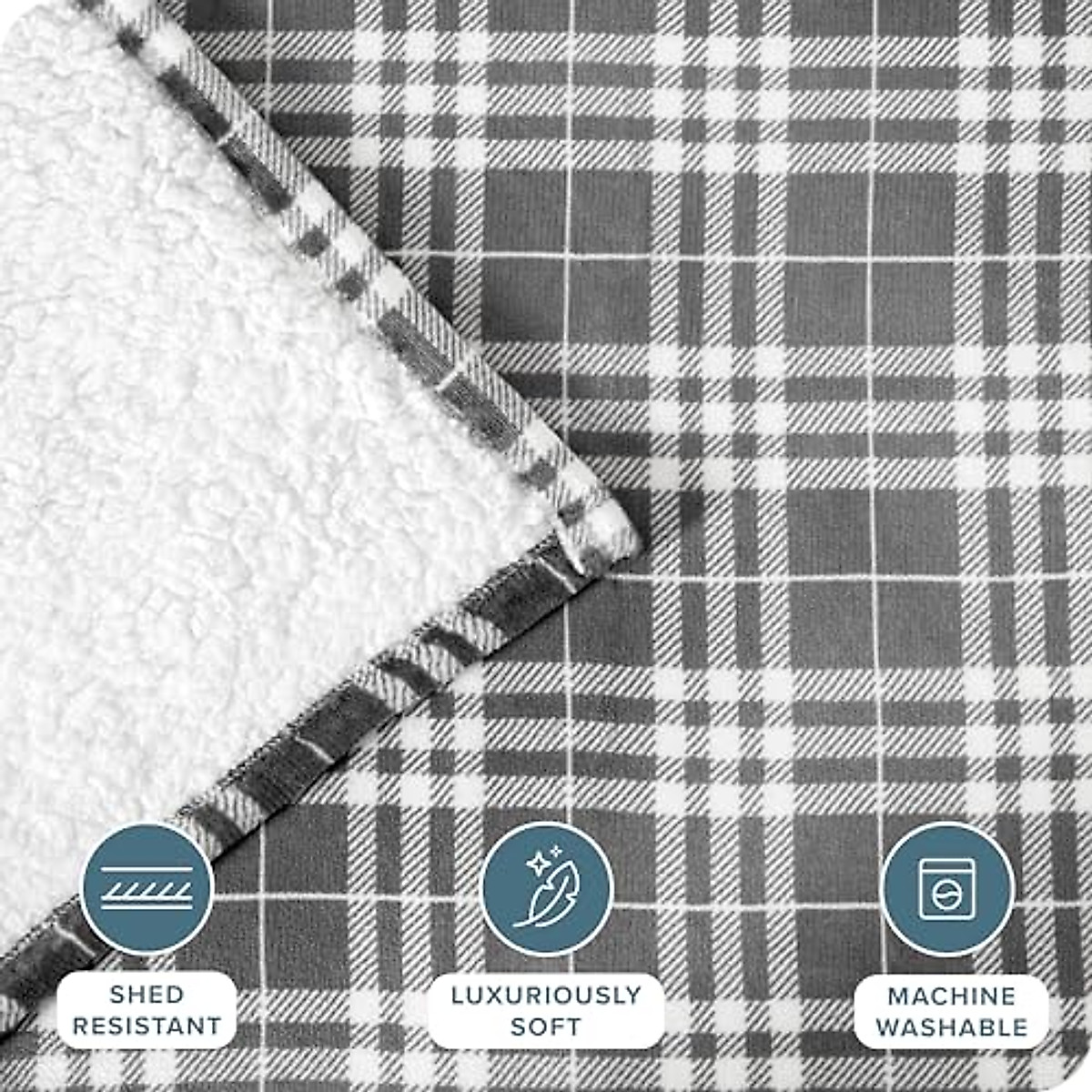 Bare Home Sherpa Fleece Blanket - Full/Queen Blanket - Blanket for Bed, Sofa, Couch, Camping and Travel - Warm & Lightweight - Fluffy & Soft - Reversible (Full/Queen, Stirling Plaid - Grey/White)