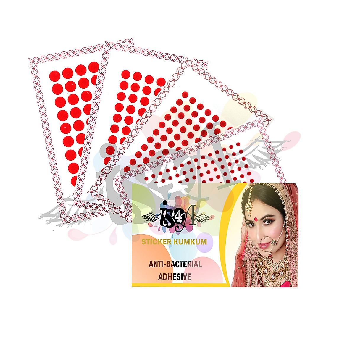 IS4A 447 Multicolored Bollywood Forehead Stickers Adhesive Body Jewelry 9 Cards of Different Sized Tattoo Velvet Bindi Round Dot (RED)