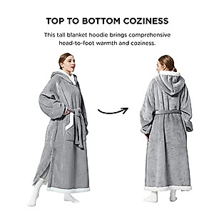 BEDSURE Ovesized Wearable Blanket Hoodie, Long Sherpa Fleece Blanket Sweatshirt as Gifts for Men, with Warm Big Hood for Christmas, Side Split and Belt, Grey, Standard