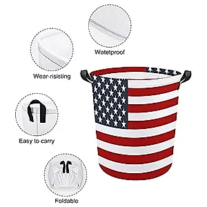 Patriotic American Flag Red White Blue Laundry Hamper Laundry Basket Dirty Clothes Bag Foldable Bucket Washing Bin Toys Storage Organizer for College Dorms, Kids Bedroom,Bathroom