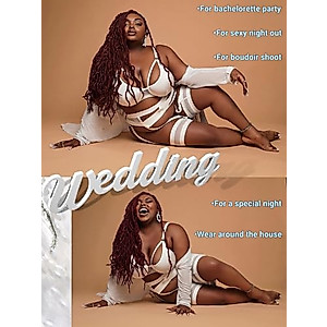 Kaei&Shi Garter Belt Thong Lingerie for Women,Strappy Hollow Out Sexy Lingerie,Underwire Mesh Sheer Matching 4 Piece Lingerie Set Bride Wedding Bridal Honeymoon White 2X-Large