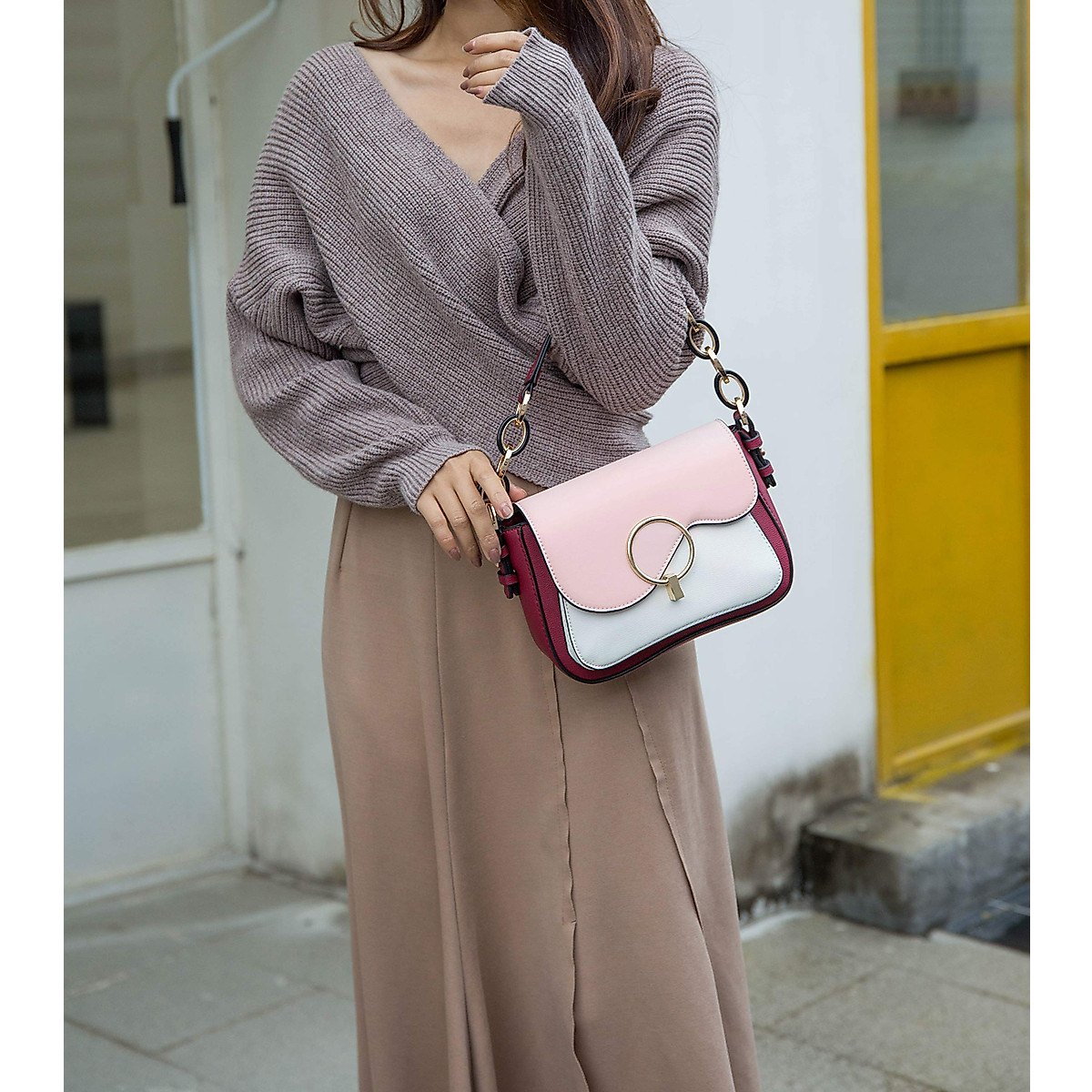 MKF Crossbody Bags for Women – PU Leather Pocketbook Handbag – Medium Side Messenger Purse, Shoulder Strap Yellow-Off White