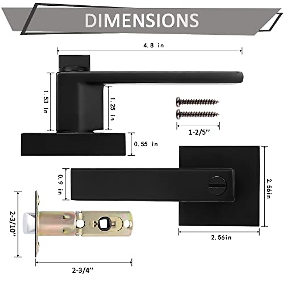 Probrico 10 Pack Square Door Lever Privacy Door Lock Handleset Keyless Lockset Door Knobs Storage Room Bathroom Set No Key in Black