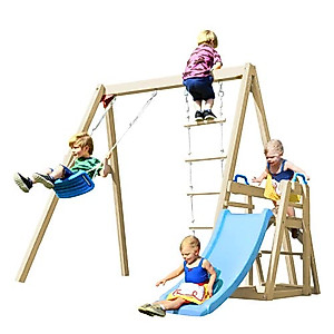 Kiriner Wooden Swing Set with Slide, Outdoor Playset Backyard Activity Playground Climb Swing Outdoor Play Structure for Toddlers, Ready to Assemble Wooden Swing-N-Slide Set Kids Climbers Natural