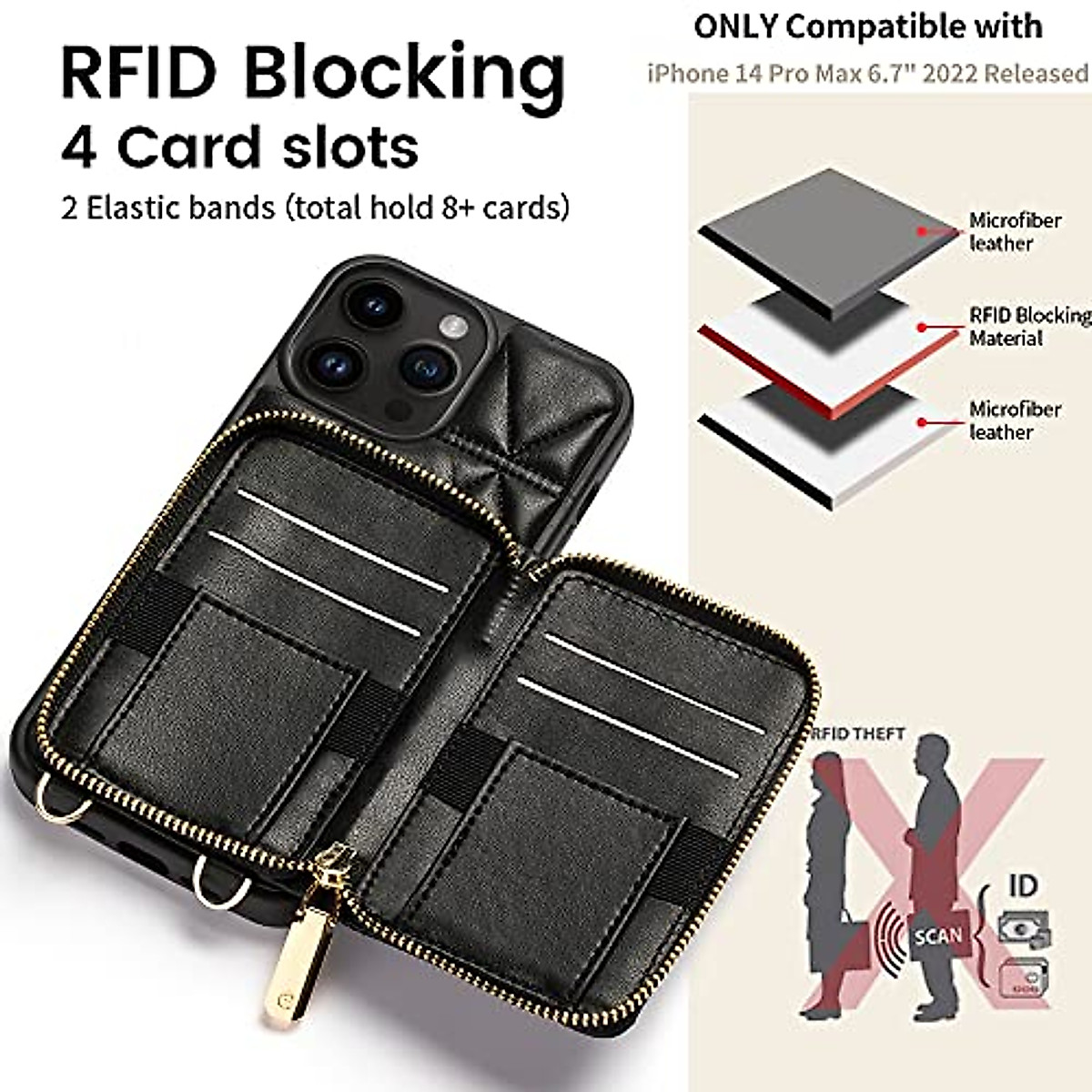CUSTYPE Compatible with iPhone 14 Pro Max Case Wallet with Card Holder,360 Rotation Ring [Two-Way Stand],Leather Zipper Wallet Case with Crossbody Strap for iPhone 14 Pro Max,6.7 Inch,Black