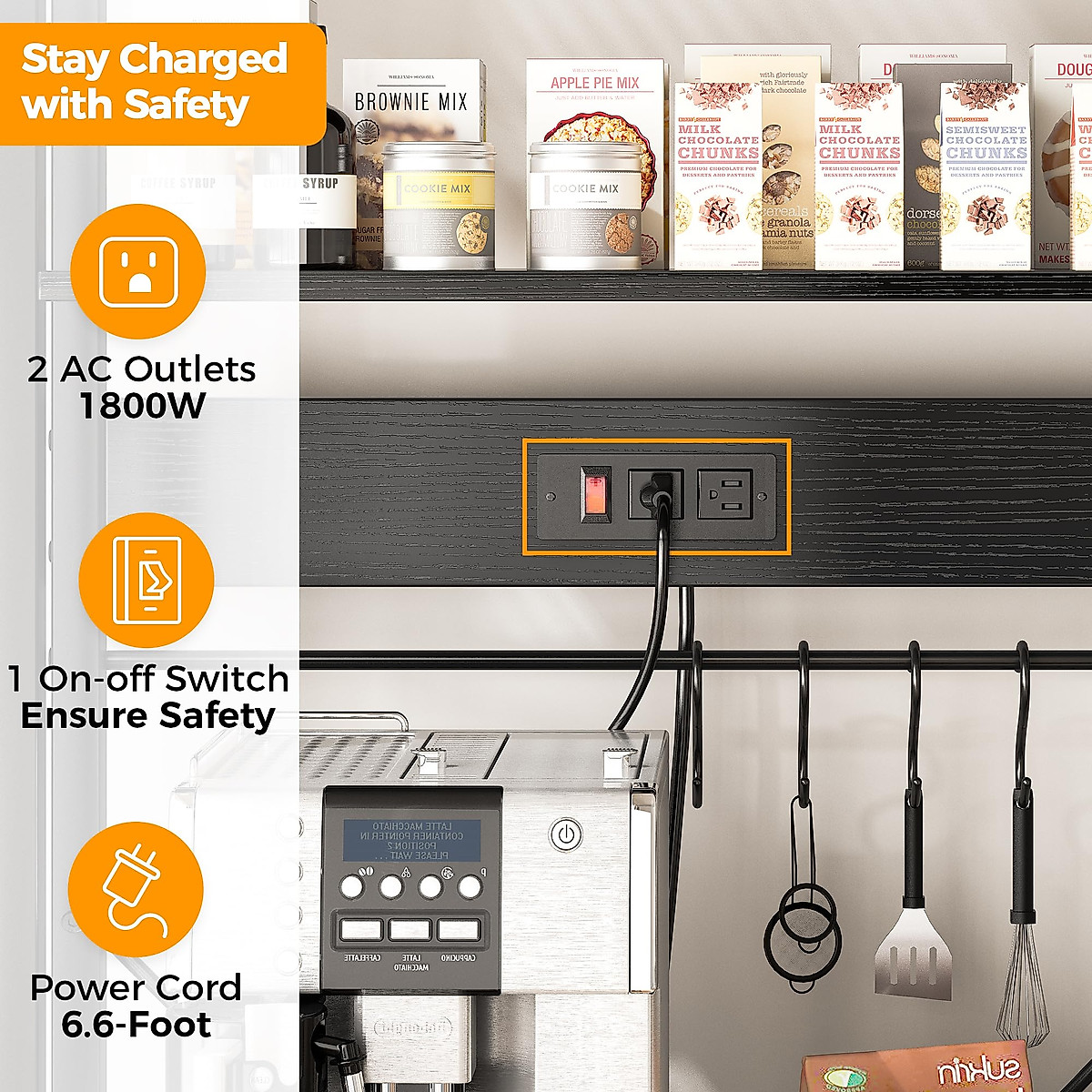 SUPERJARE Large Bakers Rack with Power Outlets, 6-Tier Microwave Stand, Coffee Bar with 12 S-Shaped Hooks, Kitchen Shelf with Wire Basket, 39.3 x 15.5 x 66.9 Inches, Black