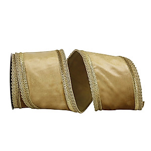 Reliant Ribbon Plush Velvet Trim Wired Edge Ribbon, 4 Inch X 5 Yards, Antique Gold