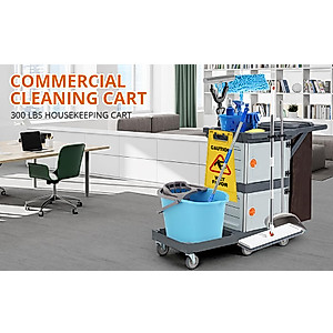 Commercial Janitorial Cart with Cabinet, 3-ply Multi-Purpose Engineered Plastic Housekeeping Cart with 30 Gallon Bag Hand Push Utility Cart, 200 lbs Load Capacity