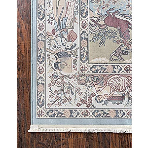 Unique Loom Narenj Collection Classic Traditional Hunting Scene Textured Design Area Rug, Rectangular 5' 0" x 8' 0", Blue/Tan