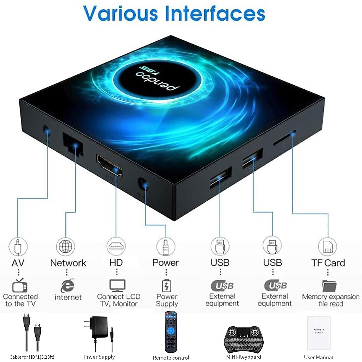 Android TV Box 10.0 4GB RAM 128GB ROM, 2021 Upgraded Pendoo T95 Android TV Box Allwinner H616 2.4G/5.8GHz WiFi Bluetooth, Android Box 10.0 with Wireless Mini Keyboard Ultra HD 6K HDR TV Box.
