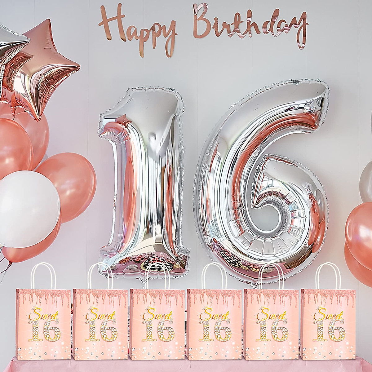 Teling 18 Pcs Sweet 16 Party Favors Sweet 16th Birthday Gift Bags Sweet 16 Birthday Goodie Bags Candy Treat Bags with Handle Sweet 16 Birthday Decorations for 16th Birthday Party Supplies(Rose Gold)