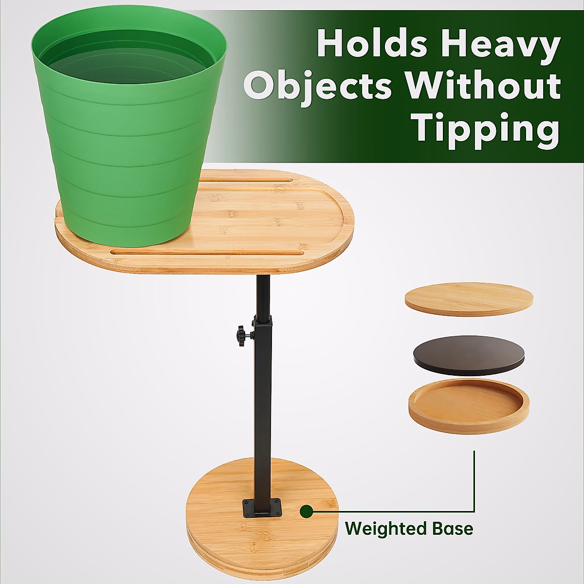 NiHome Bamboo Swivel Sofa Armrest Tray Table for Couch with Thickened Stable Non-Tipping Base, Adjustable Height TV Tray Table, Side Tray Table with 360° Rotating for Bath Tub Hot Tub Bedside Balcony