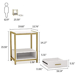 Tribesigns 25 inch Tall Gold Nightstands with Drawers and Storage Shelf, Modern Bedside Table End Table Side Table for Bedroom, Living Room (1 pc, Gold and White)