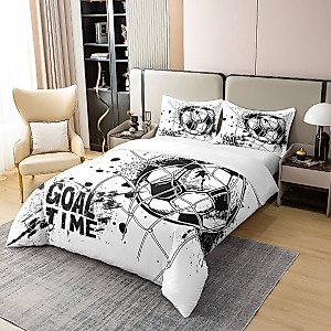 Kids Football 100% Cotton Comforter Cover Queen Size American Soccer Bedding Set Sports Games Duvet Cover For Boys Girls Children Teens Geometric Polygon Quilt Cover For Bedroom, Black White