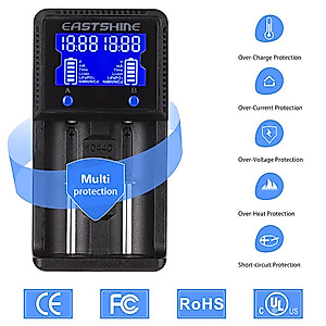 EASTSHINE Universal Smart Battery Charger 2 Slots for Rechargeable Batteries 1.2V Ni-MH Ni-Cd AA AAA C 3.2V LiFePO4 3.7V Li-ion IMR 18650 26650 21700 16340 14500 18500 10440 18350 RCR123A UL Listed